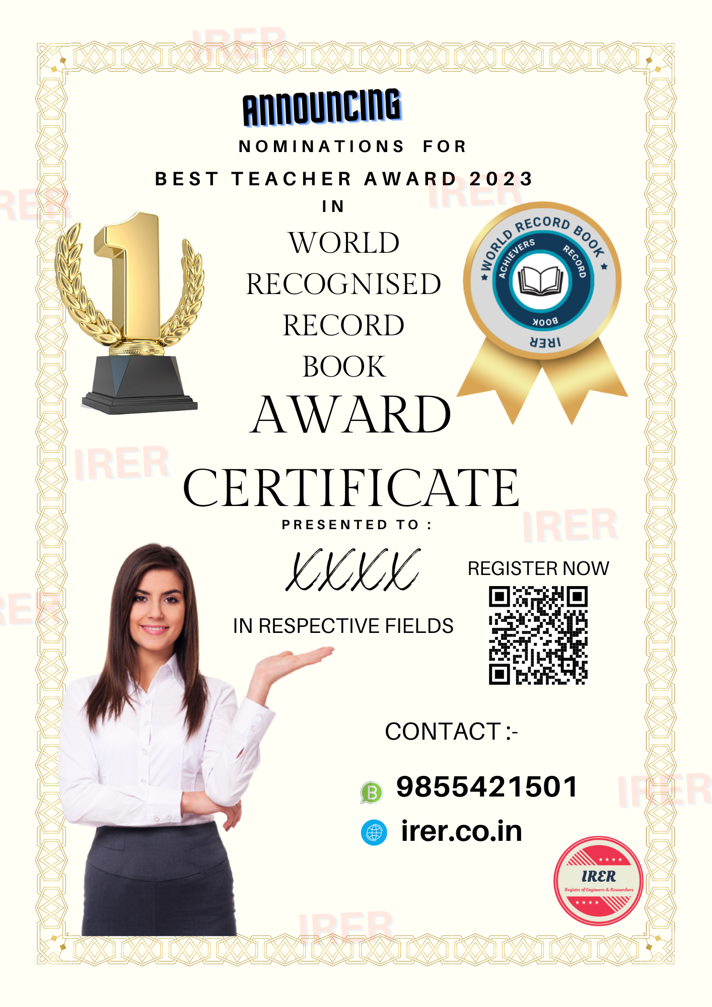 World recognised record book Best teachers award 2023 announces - IRER
